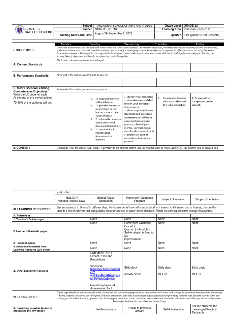1 PR2 DLL August 29-Sept 1 2023 | PDF | Learning | Teachers