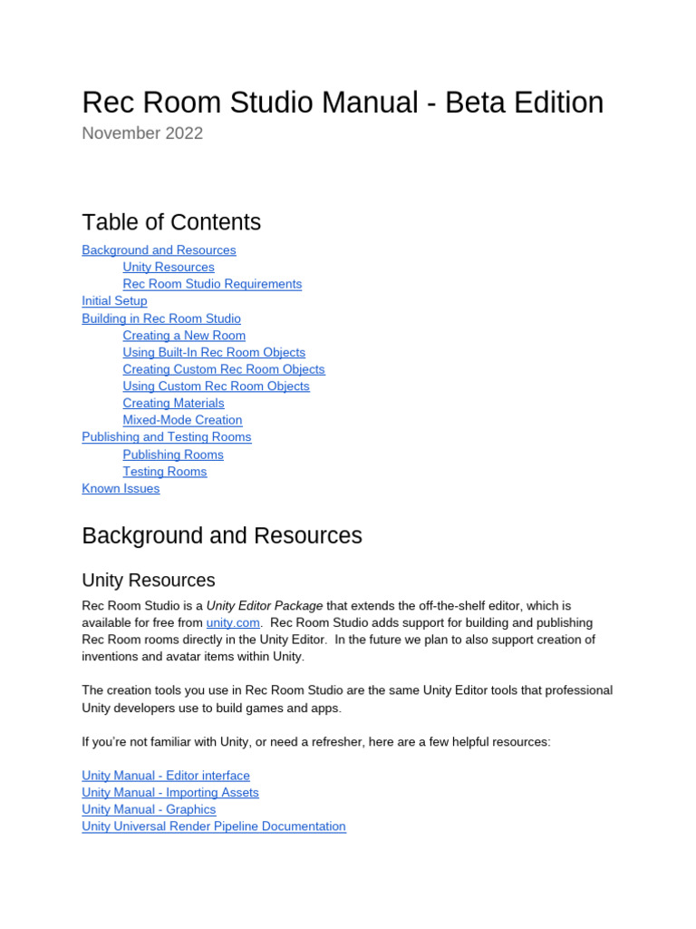 Rec Room Studio Manual - Beta Edition | PDF | Unity (Game Engine ...
