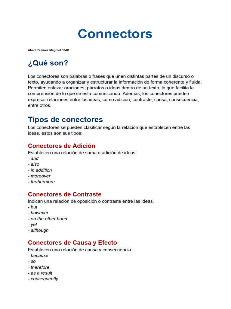 Tipos y ejemplos de conectores en inglés | PDF