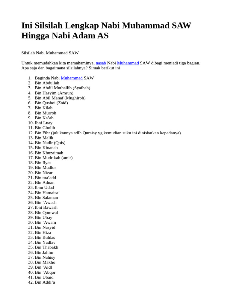 Ini Silsilah Lengkap Nabi Muhammad SAW Hingga Nabi Adam AS | PDF