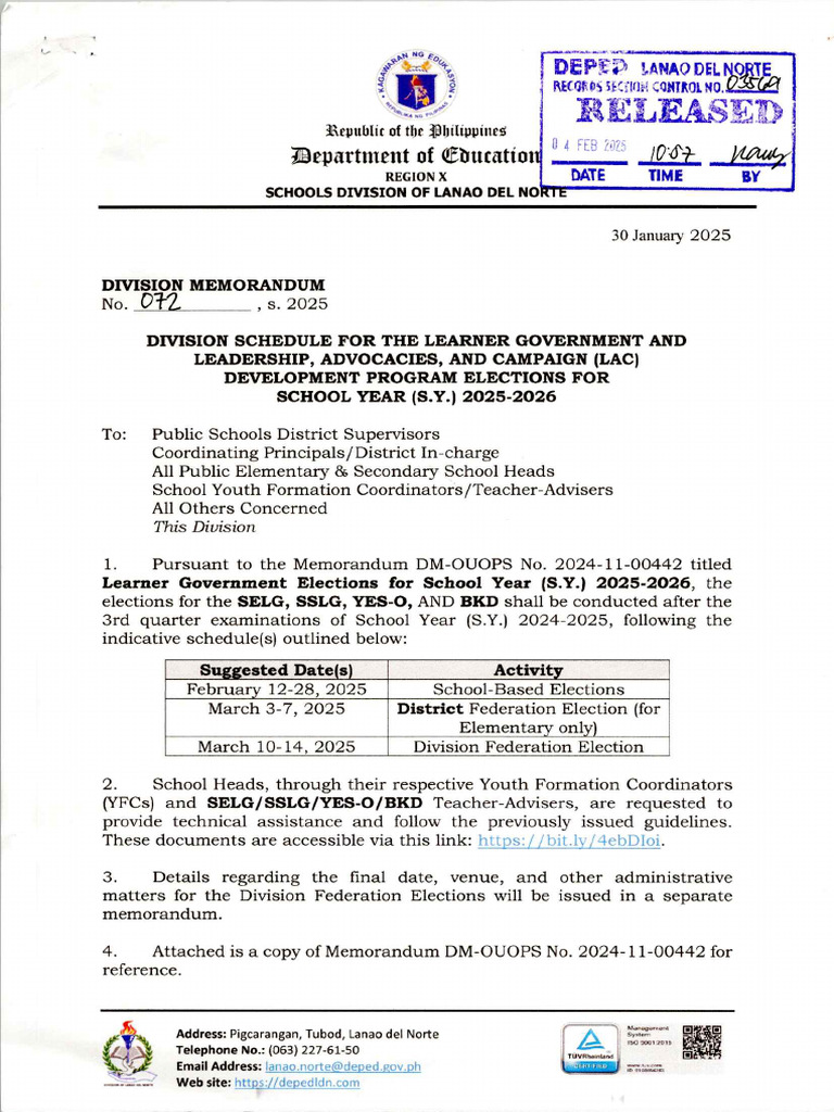 Division Schedule for the Learner Government and Leadership, Advocacies ...