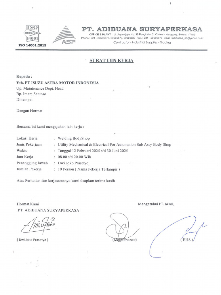 Surat Ijin Kerja Utility | PDF