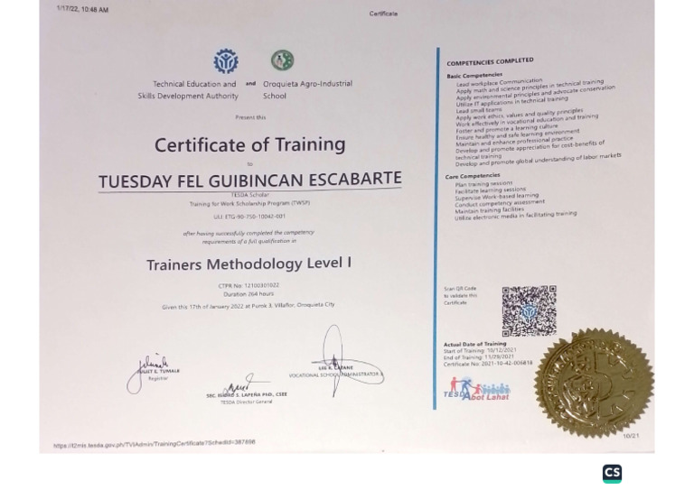 TM 1 TRAINING CERTIFICATE - Copy | PDF
