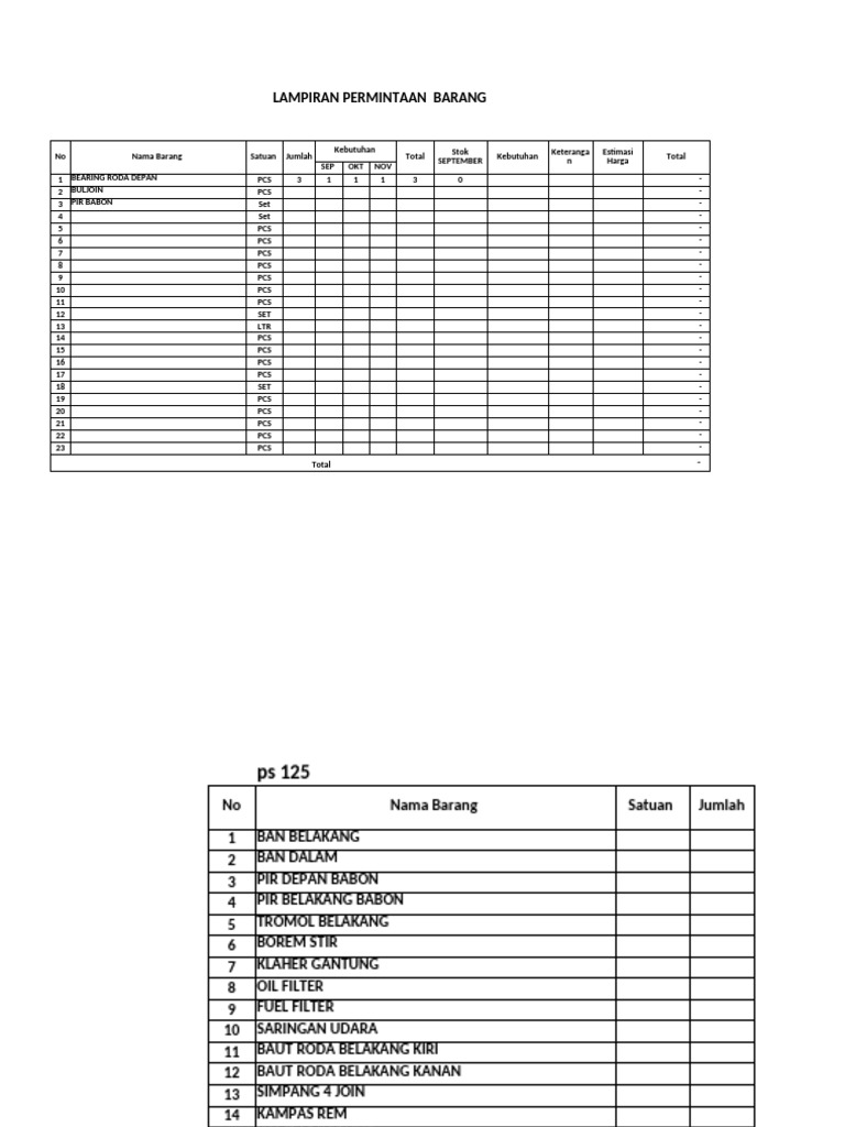 Contoh List Permintaan Pembelian Part | PDF