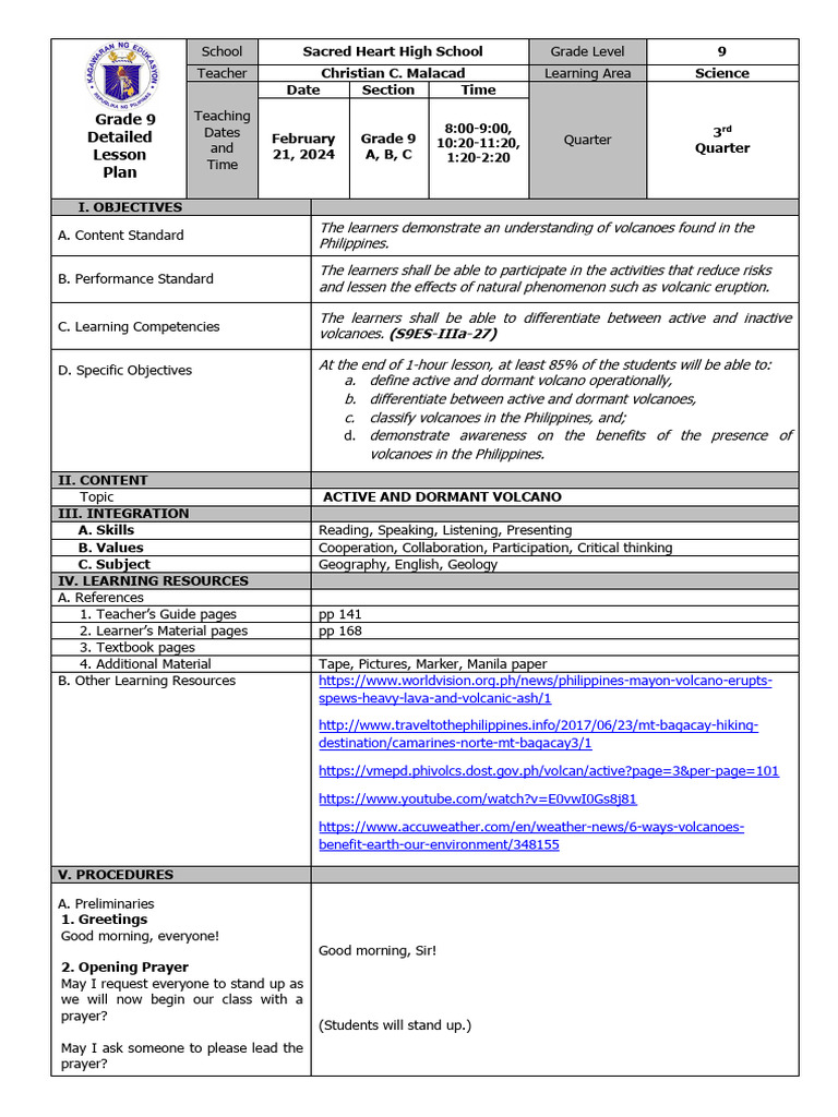 Active and Dormant Volcano - Lesson Plan-Grade 9 | PDF | Volcano ...