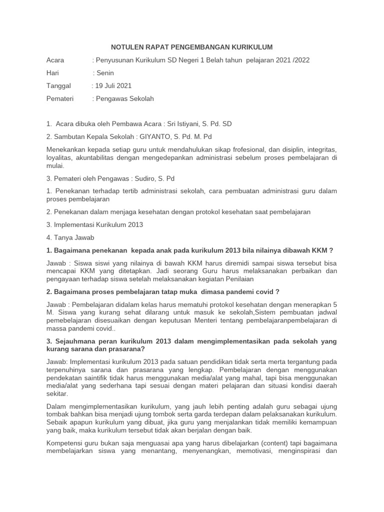 Notulen Rapat Pengembangan Kurikulum | PDF