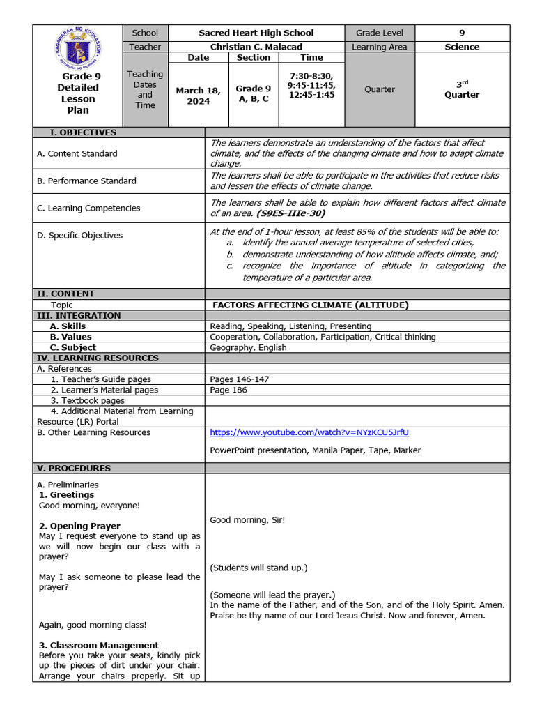Grade 9 Science Lesson Plan on Climate Factors | PDF | Mountains | Altitude