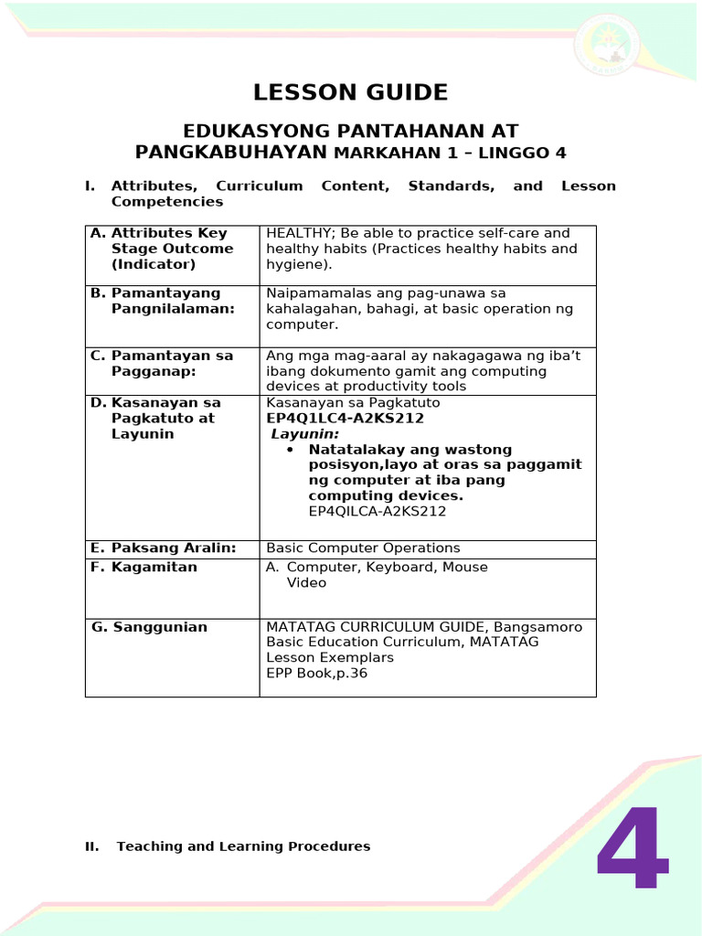 Lesson Guide: Edukasyong Pantahanan at Pangkabuhayan | PDF
