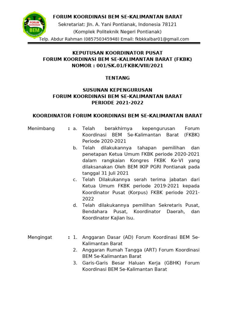 Susunan Kepengurusan FKBK 2021-2022 | PDF