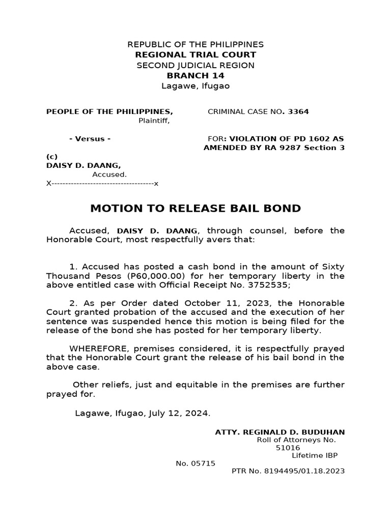 Motion to Release Bail 0 DAISY D. DAANg (1) | PDF | Bail | Separation Of Powers