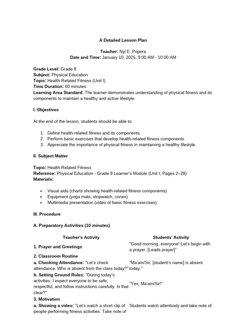 A Detailed Lesson Plan FINAL | PDF | Physical Fitness | Lesson Plan