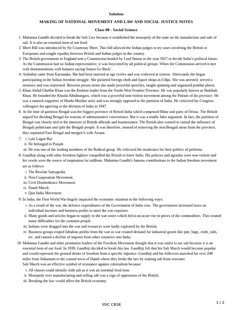 Making of National Movement and Law and Social Justice Notes Key | PDF ...