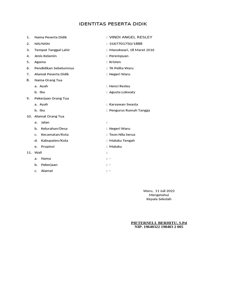Identitas Peserta Didik Rapor | PDF