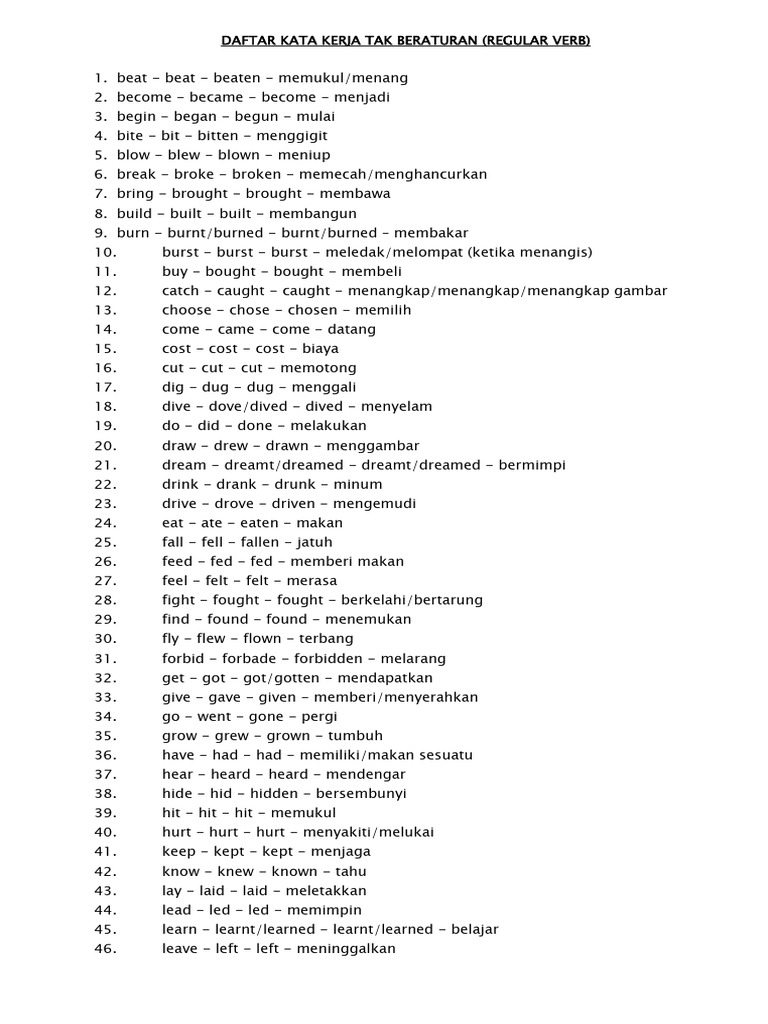 Daftar Kata Kerja Tidak Beraturan (Irregular Verb) | PDF