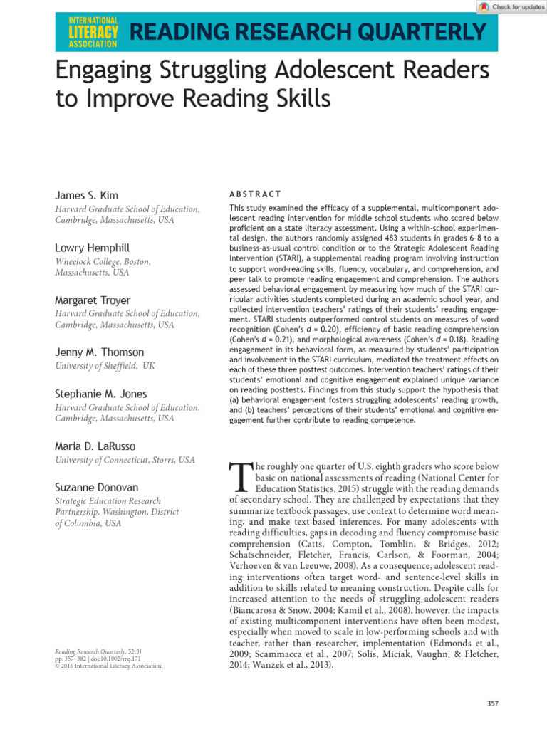 Adolescent Reading Intervention Efficacy | PDF | Reading Comprehension ...