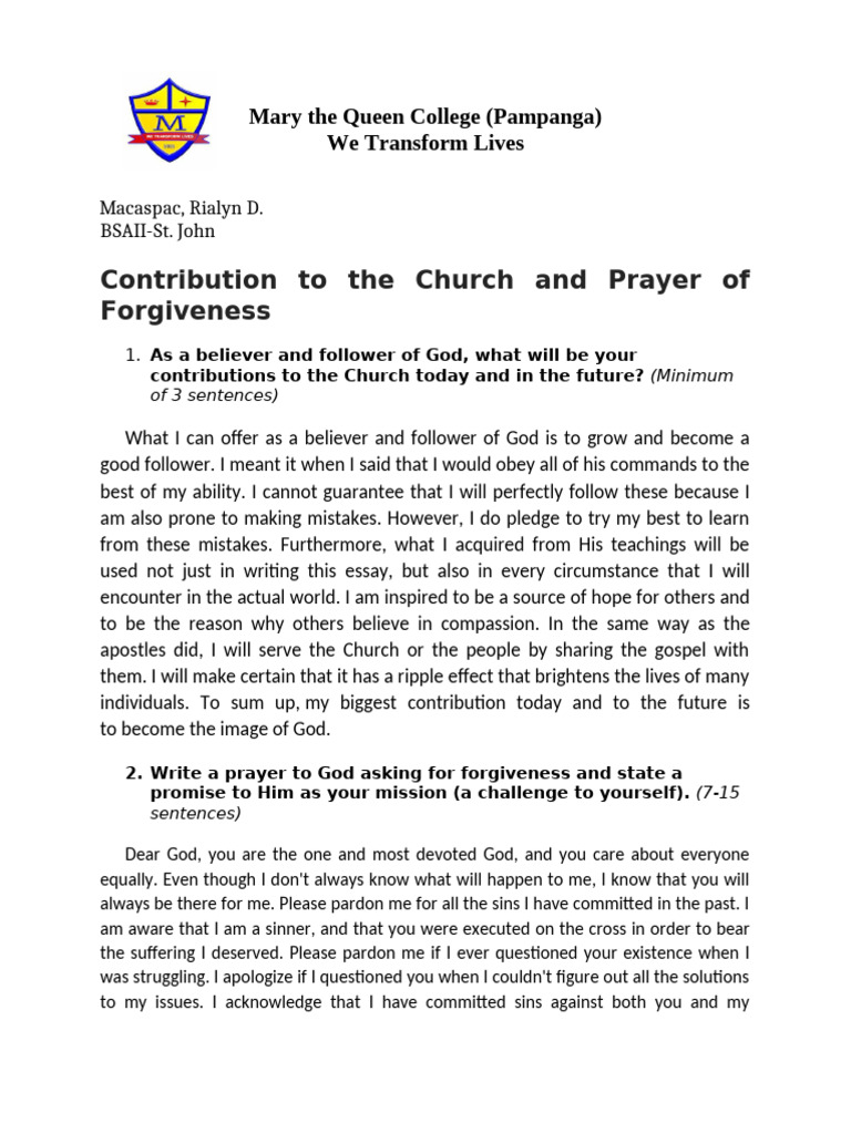 Contribution To Tha Church and Prayer For Forgiveness | PDF ...