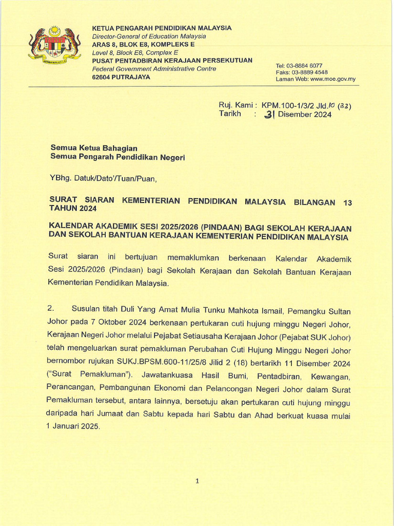 Pindaan Takwim Bagi Sekolah Kerajaan Dan Sekolah B 250101 131938 | PDF
