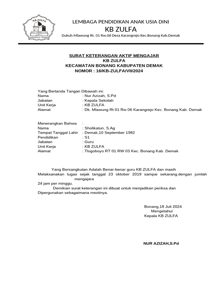 Keterangan Aktif Mengajar KB Zulfa | PDF