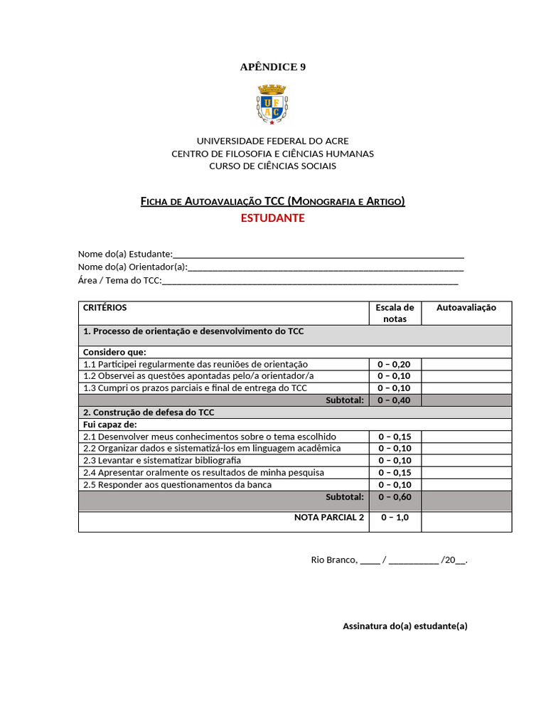Apêndice 9 - Ficha de Avaliação de TCC - Autoavaliacao Estudante | PDF