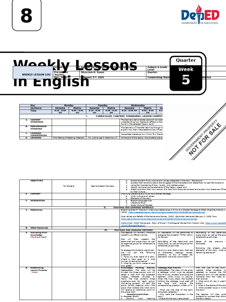 Grade 8 English Lesson Plan: Ramayana | PDF | Rama | Sita