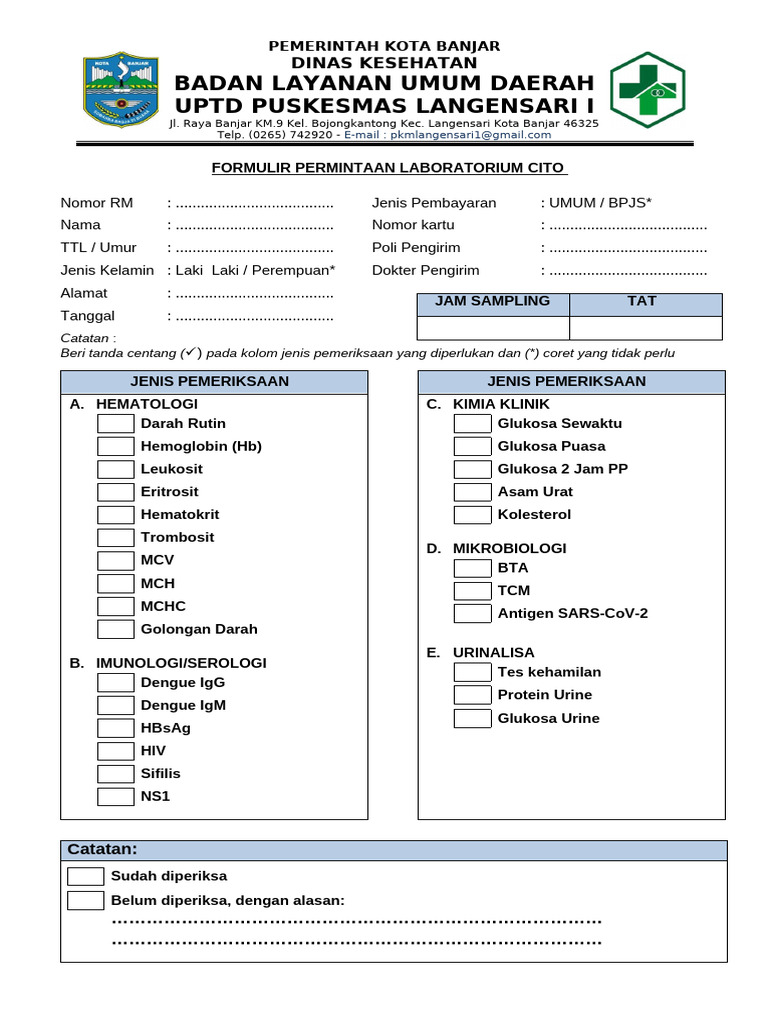 Formulir Permintaan Laboratorium Puskesmas | PDF