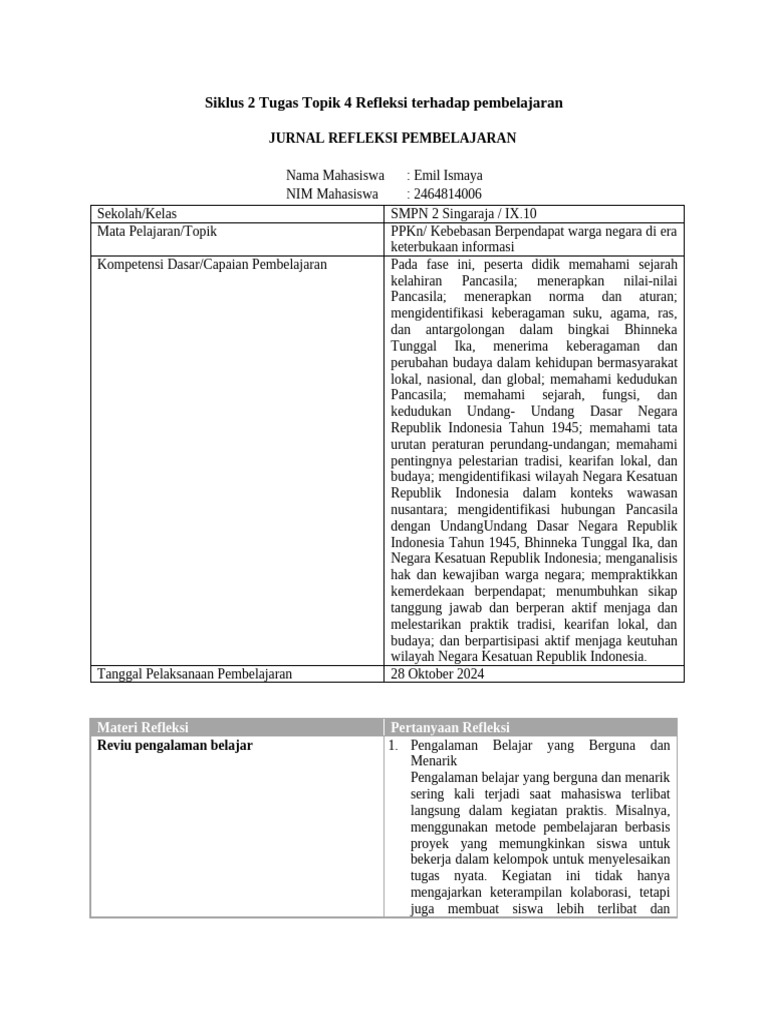 Siklus 2 Tugas Topik 4 Refleksi Terhadap Pembelajaran | PDF