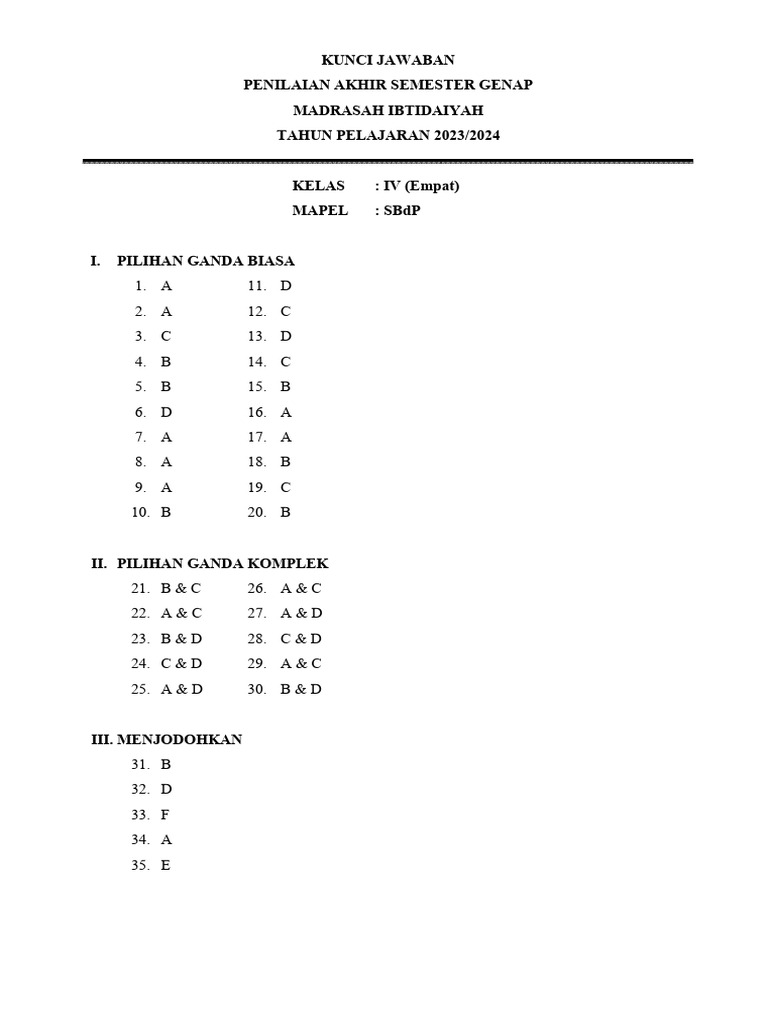 10. KUNCI JAWABAN SBdP ASAS 2 Kls 4 | PDF