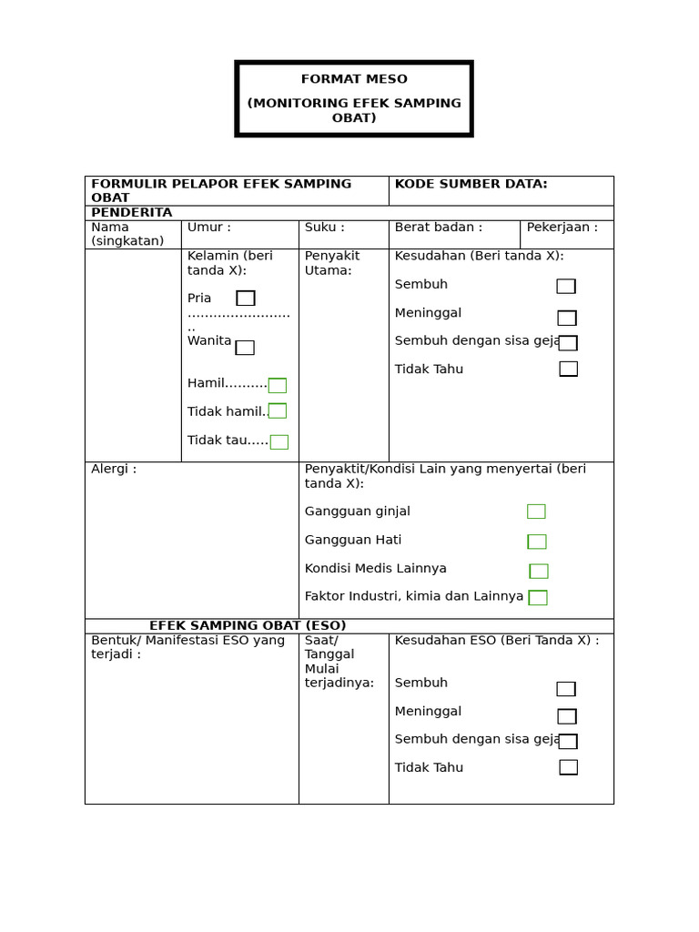 Contoh Formulir Meso (Monitoring Efek Samping Obat) | PDF