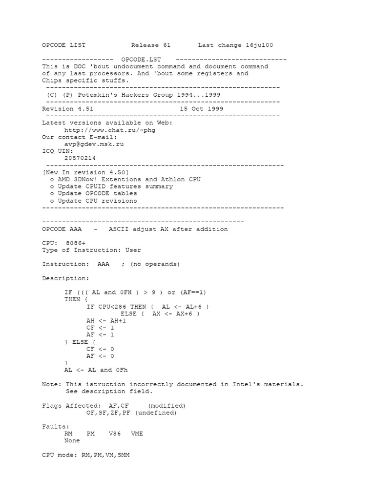 Opcodes 1 | PDF | Central Processing Unit | Computer Engineering