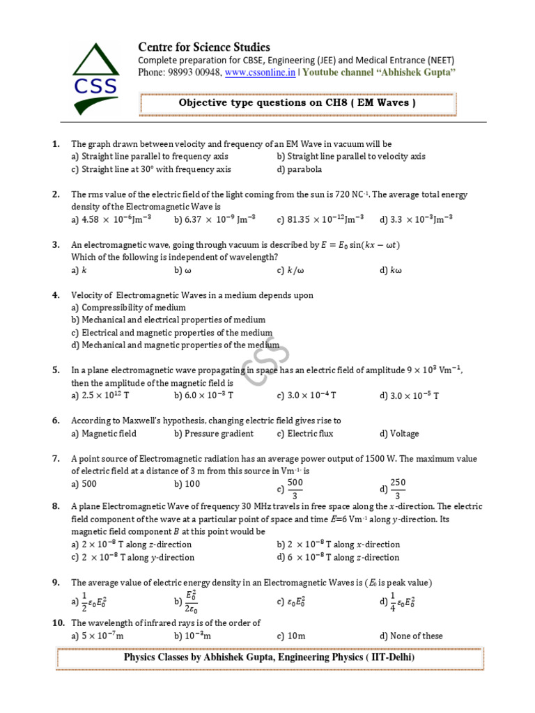 MCQ Worksheets Ch8-Ch12 | PDF | Waves | Electromagnetic Radiation