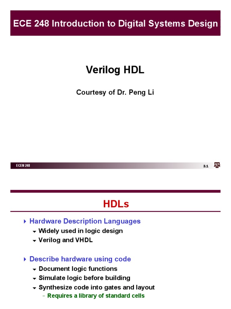 Verilog Hdl Ece 248 Introduction To Digital Systems Design Pdf Hardware Description