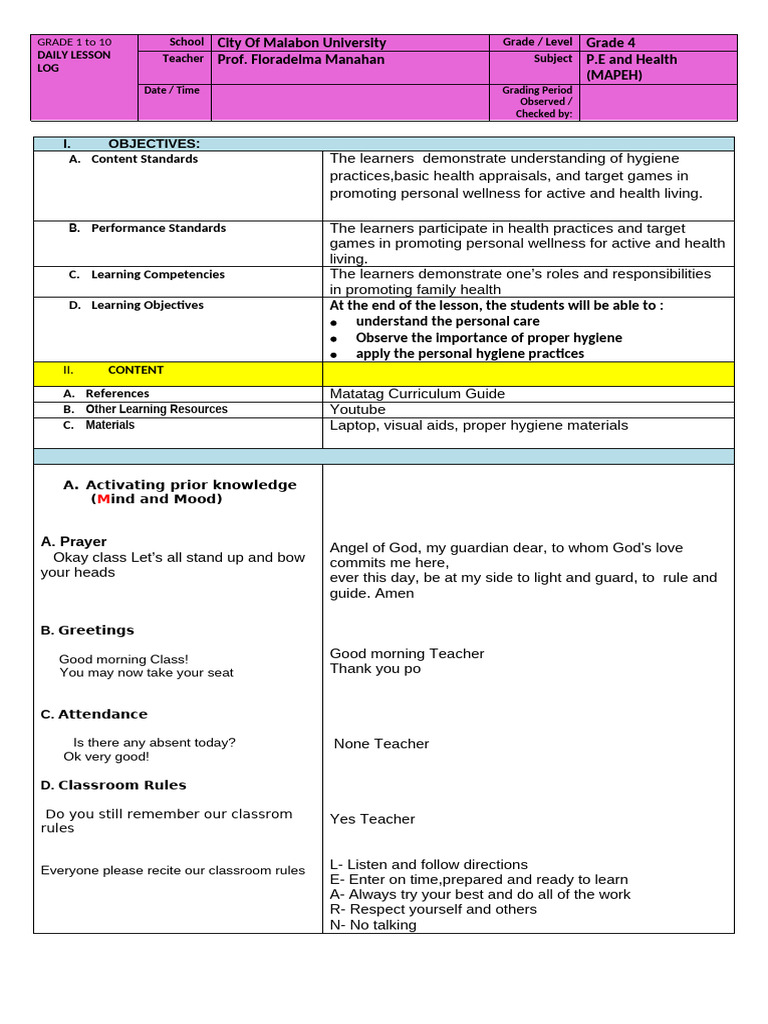 A Lessonplan-Team-4 Docxxxx docx-PE | PDF | Hand Washing | Hygiene