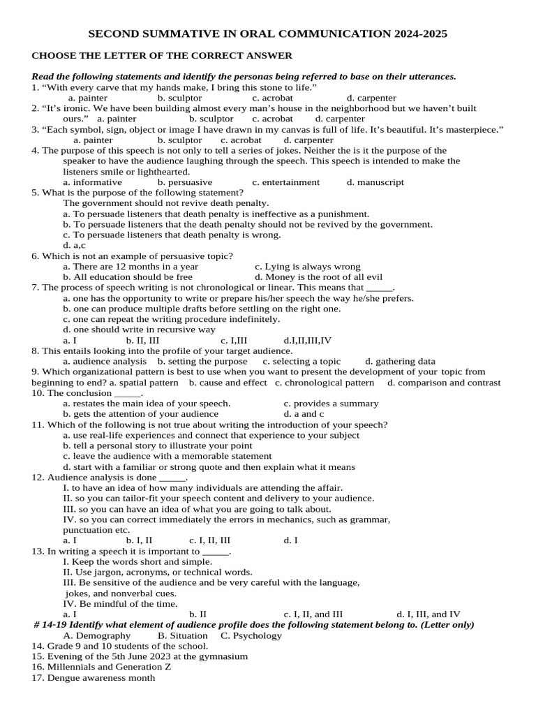 Oral Communication Summative Assessment 2024 | PDF | Human Communication | Communication