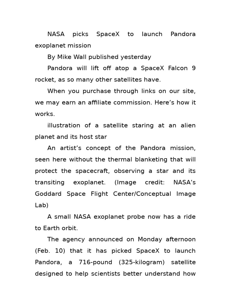 NASA picks SpaceX to launch Pandora exoplanet mission | PDF