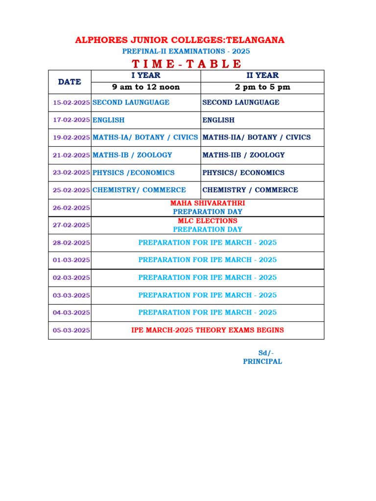 Prefinal-II Exams Time Table - Feb'2025 | PDF