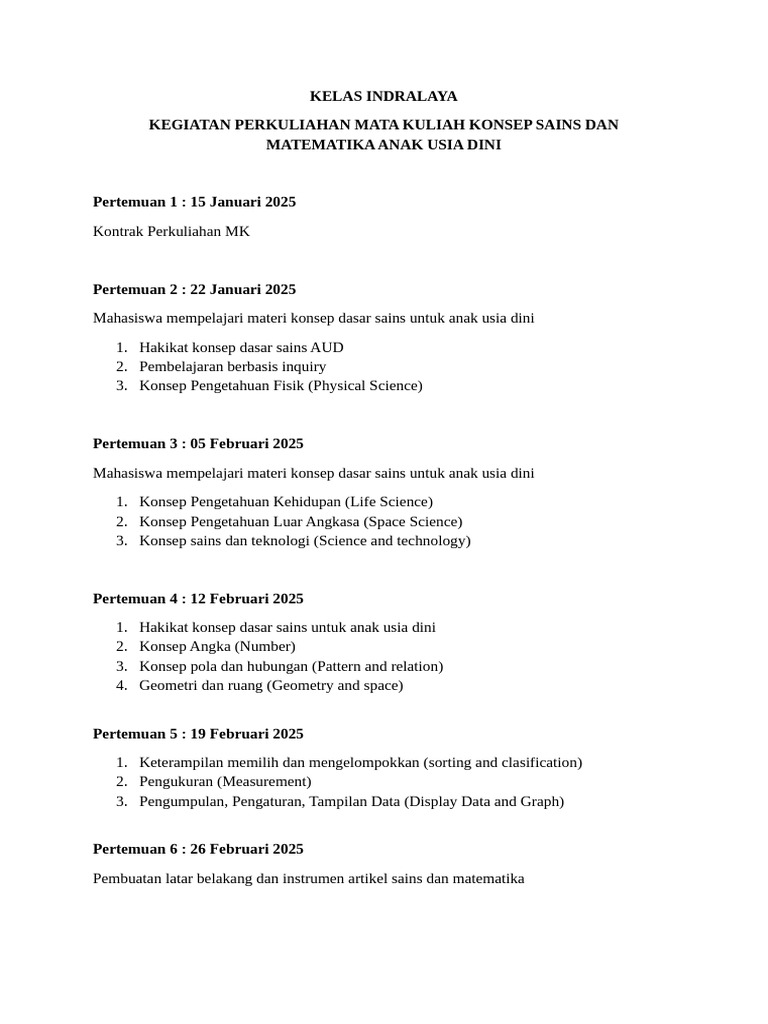 KEGIATAN PERKULIAHAN MATA KULIAH KONSEP SAINS DAN MATEMATIKA ANAK USIA ...