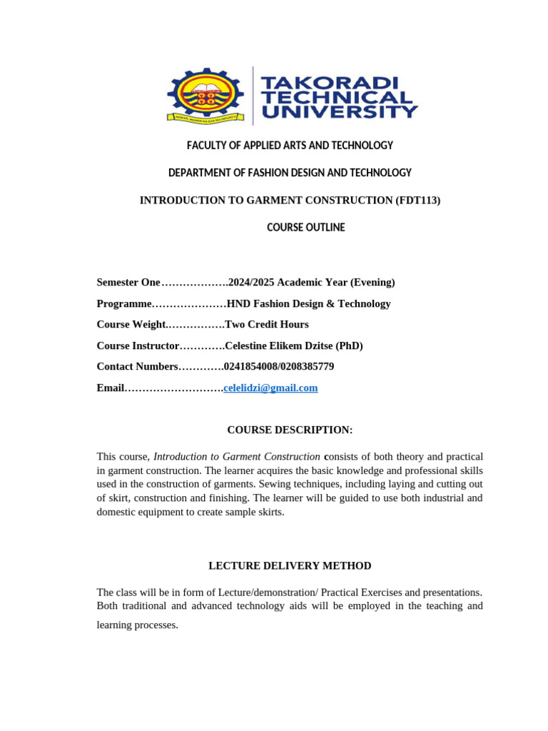 Course Outline For HND 1 Garment Construction | PDF | Sewing | Seam ...