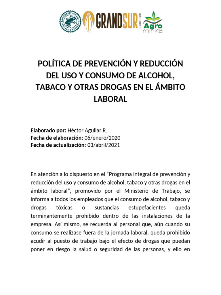 Politica de Prevencion y Reduccion Del Uso y Consumo de Alcohol, Tabaco y Otras Drogas GDS | PDF