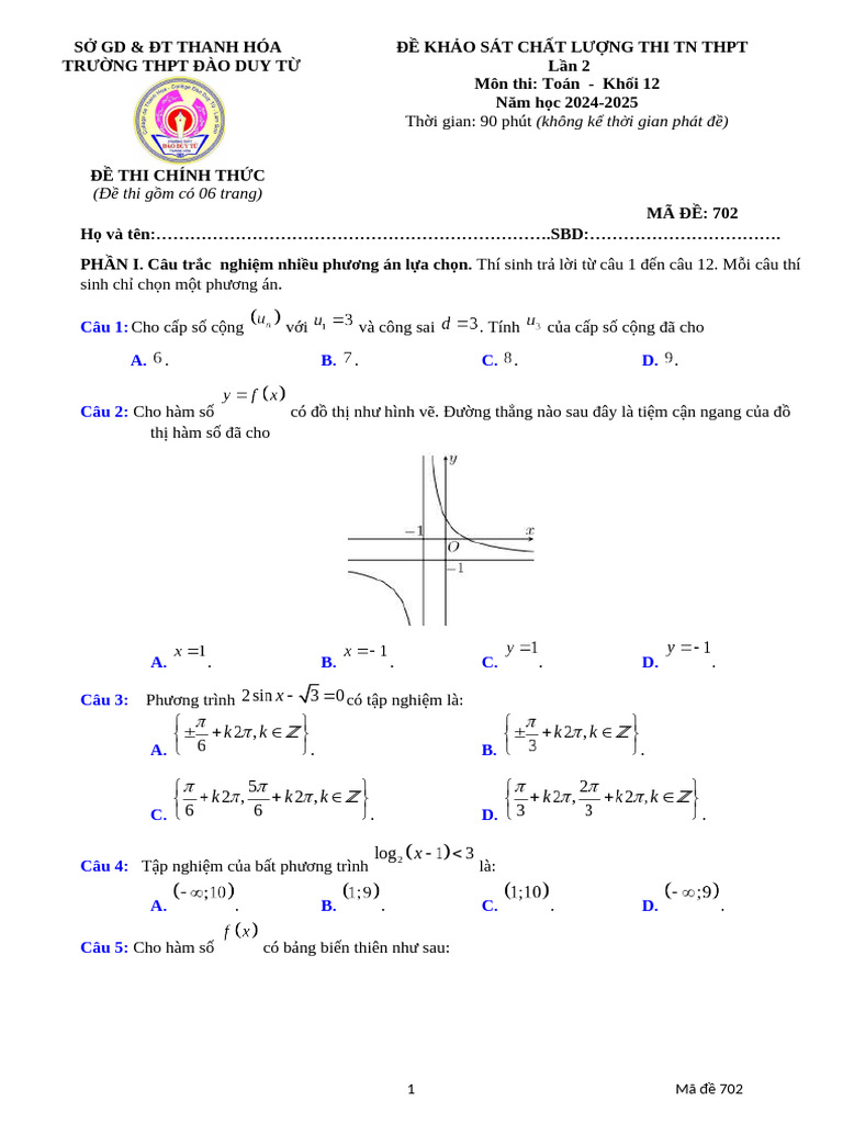 ĐỀ 702 KHẢO SÁT CHẤT LƯỢNG LẦN 2 KHỐI 12 | PDF