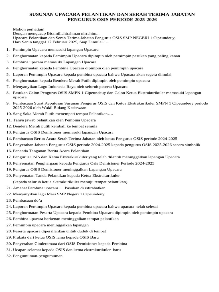 Susunan Acara Pelantikan Osis SMP 2025 | PDF