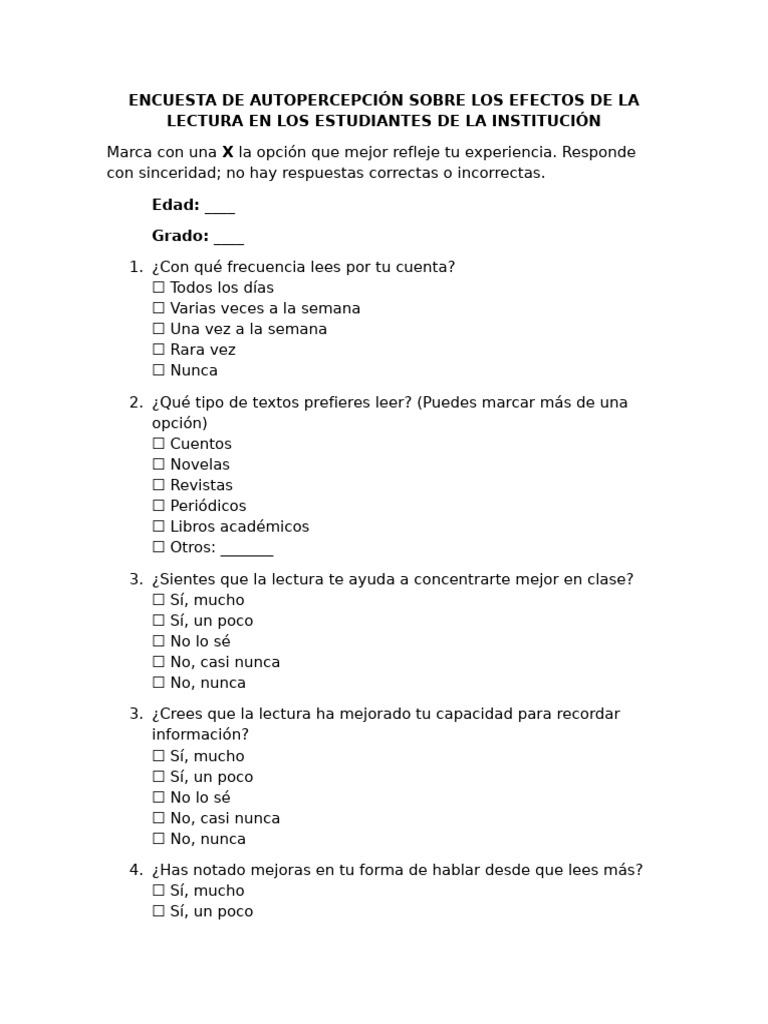 Encuesta de Autopercepción Sobre Los Efectos de La Lectura en Los ...