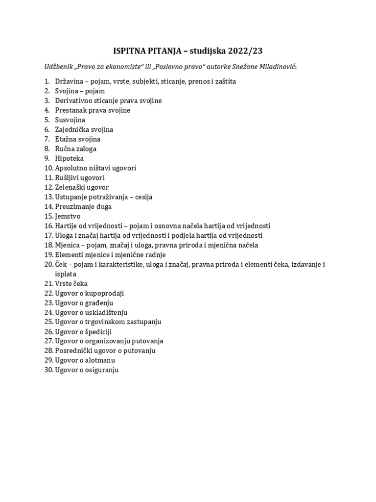 Ispitna Pitanja Pravo | PDF