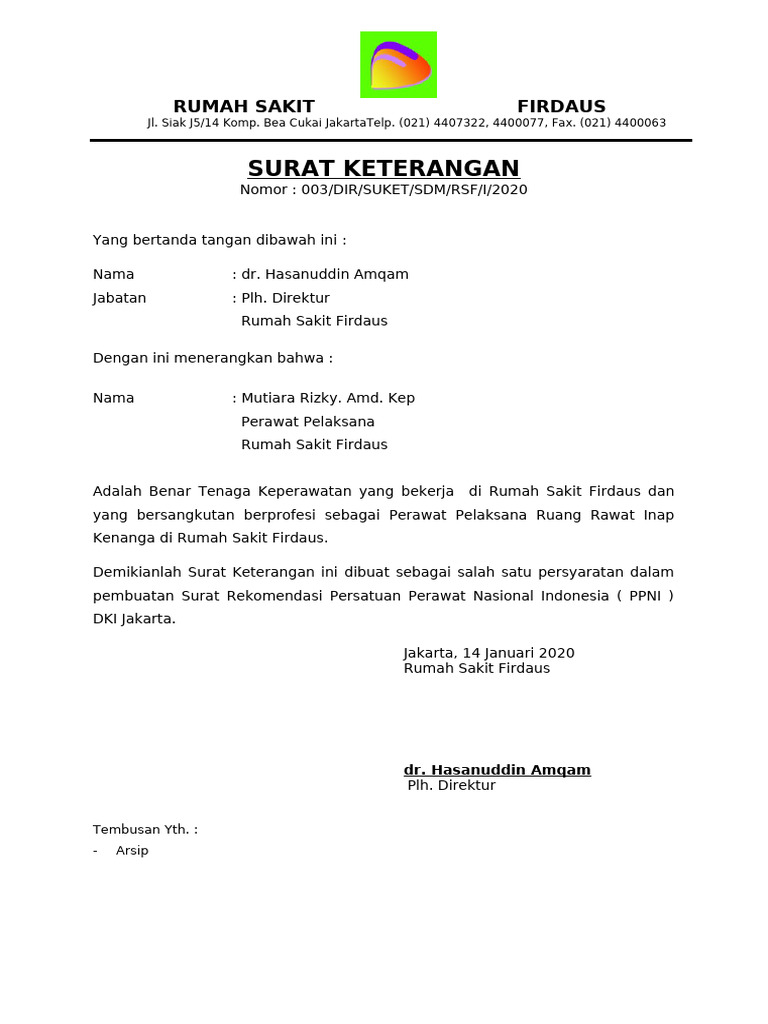 Surat Keterangan Tenaga Medis RS Firdaus | PDF
