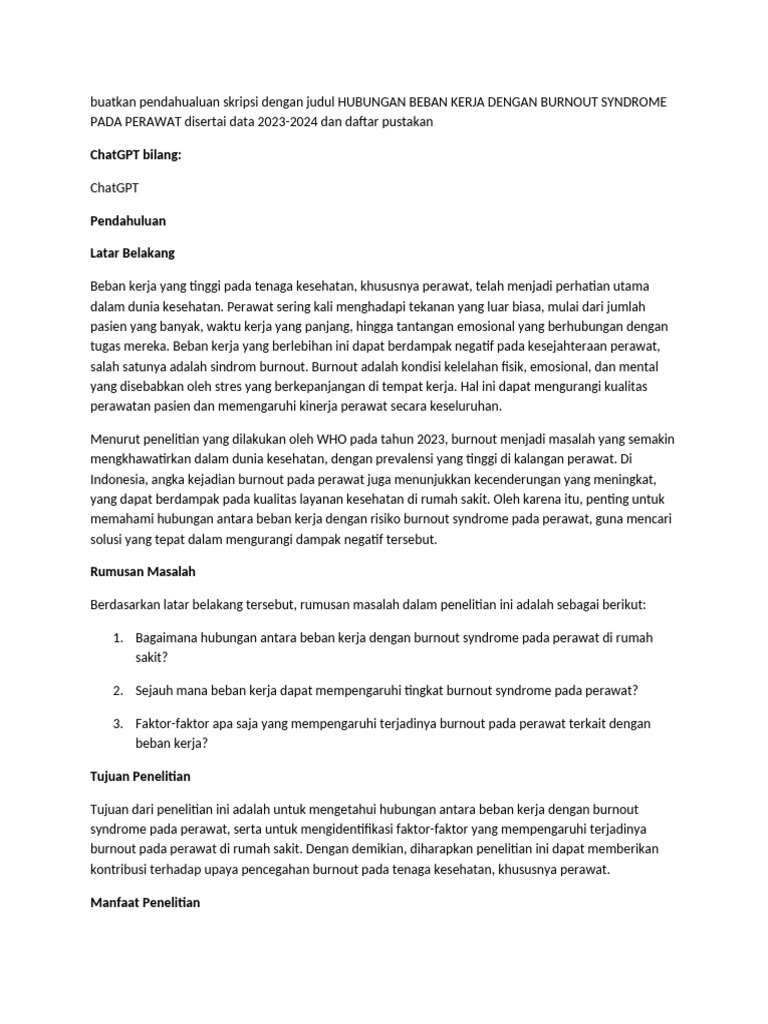 Buatkan Pendahualuan Skripsi Dengan Judul Hubungan Beban Kerja Dengan Burnout Syndrome Pada ...