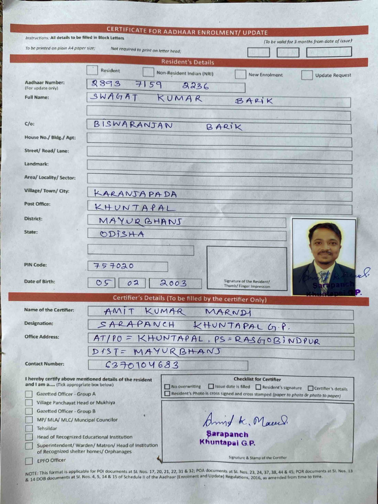 Aadhaar Enrolment/Update Certificate | PDF | Government Of India