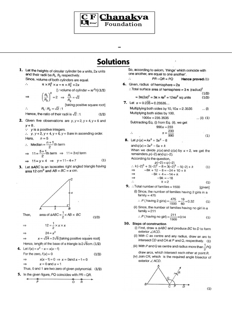 9th CBSE Maths Test (Marks 80) Paper 1 Solutions | PDF