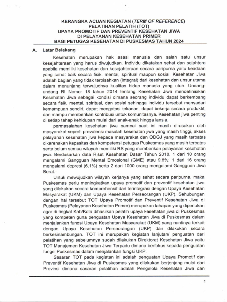 KAK TOT Promotif Preventif Keswa | PDF