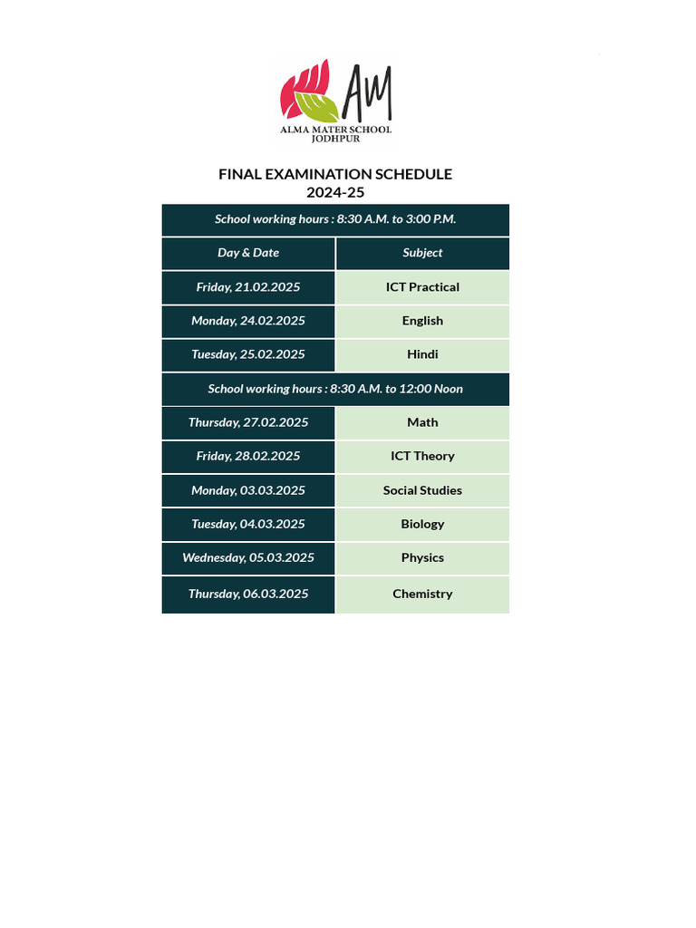 2024-25 Final Exam Schedule | PDF