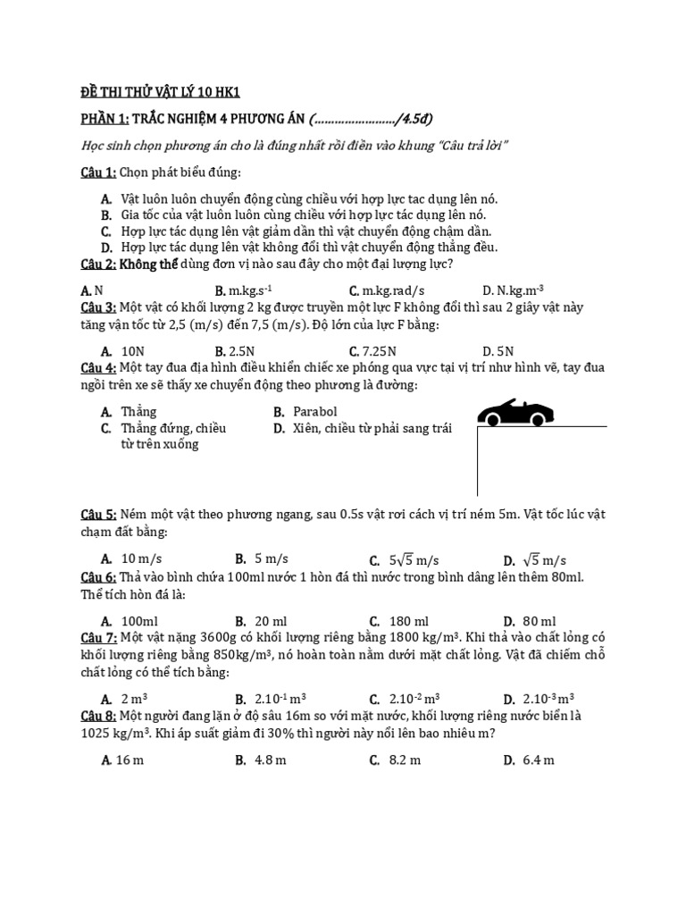 Đề Thi Thử Vật Lý 10 Hk1 | PDF