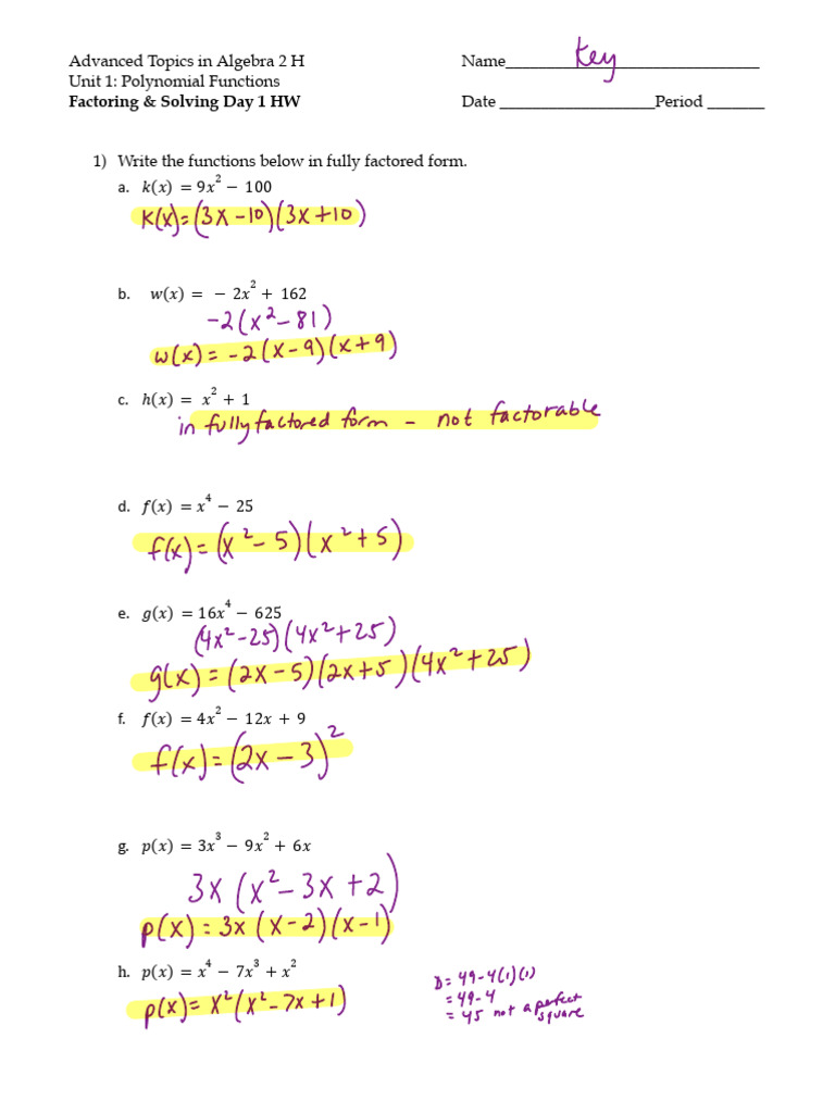 01b) Factoring & Solving Day 1 HW KEY | PDF | Factorization | Algebra